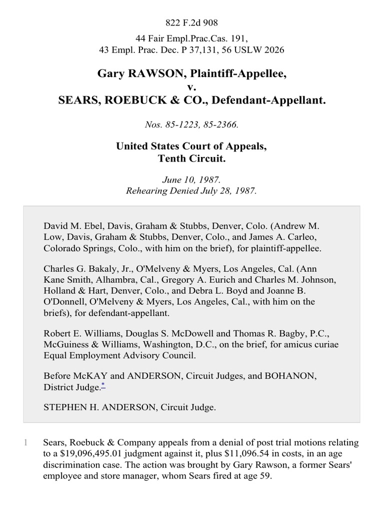 Gary Rawson v. Sears, Roebuck & Co., 822 F.2d 908, 10th Cir. (1987 ...