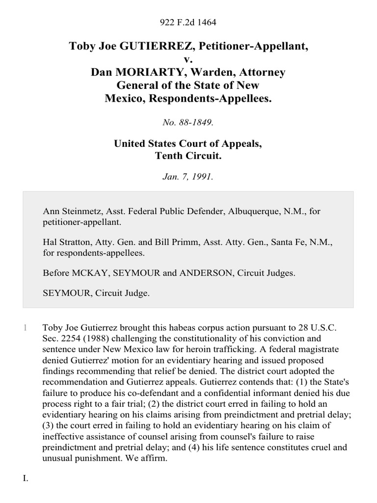 Toby Joe Gutierrez v. Dan Moriarty, Warden, Attorney General of The ...