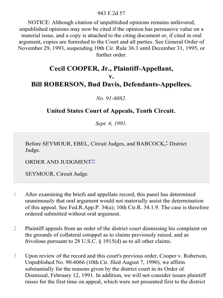 Cecil Cooper, Jr. v. Bill Roberson, Bud Davis, 943 F.2d 57, 10th Cir ...