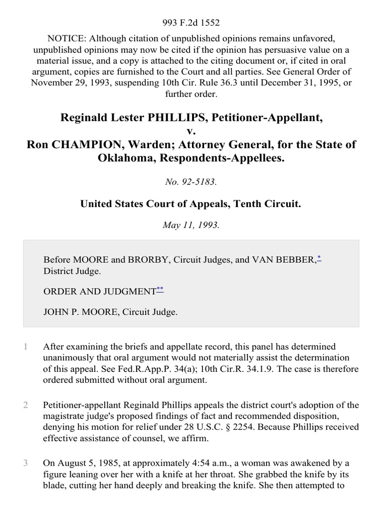 Reginald Lester Phillips v. Ron Champion, Warden Attorney General, For ...