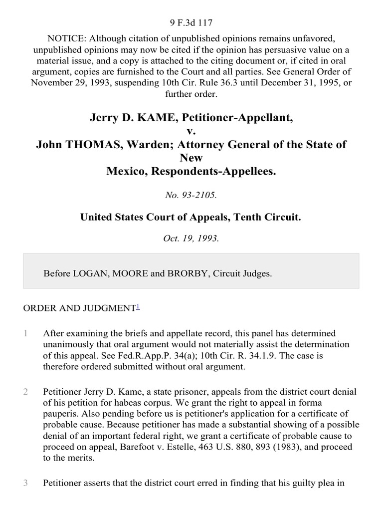 Jerry D. Kame v. John Thomas, Warden Attorney General of The State of ...
