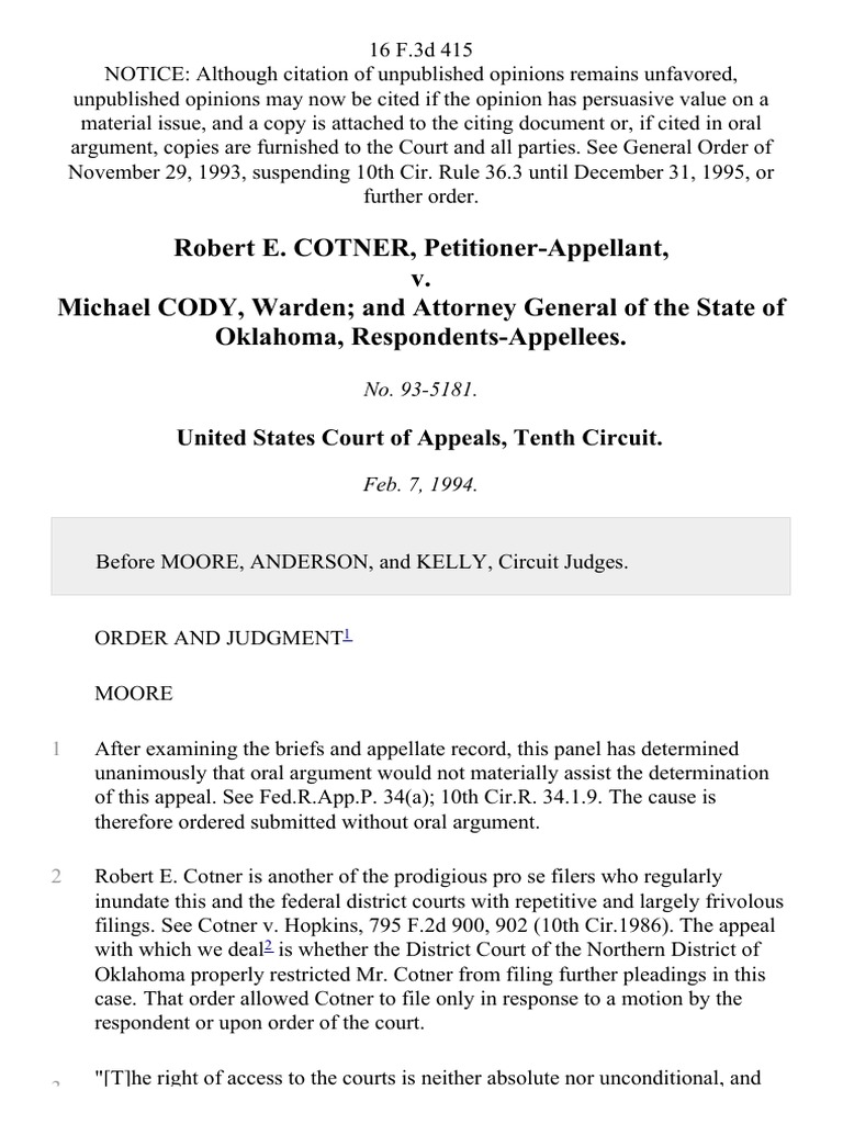 Robert E. Cotner v. Michael Cody, Warden and Attorney General of The ...