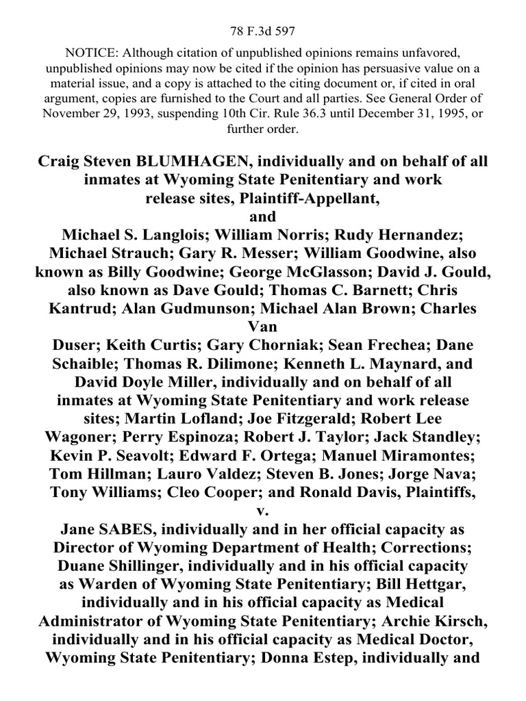 Craig Steven Blumhagen, Individually and on Behalf of All Inmates at ...