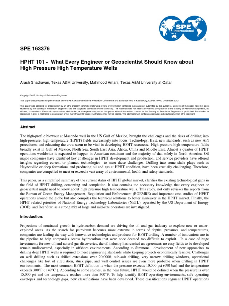 HPHT 101 What Every Engineer or Geoscientist Should Know About High ...