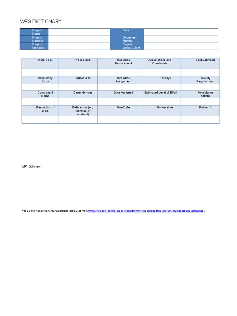 WBS Dictionary Template for Projects | PDF