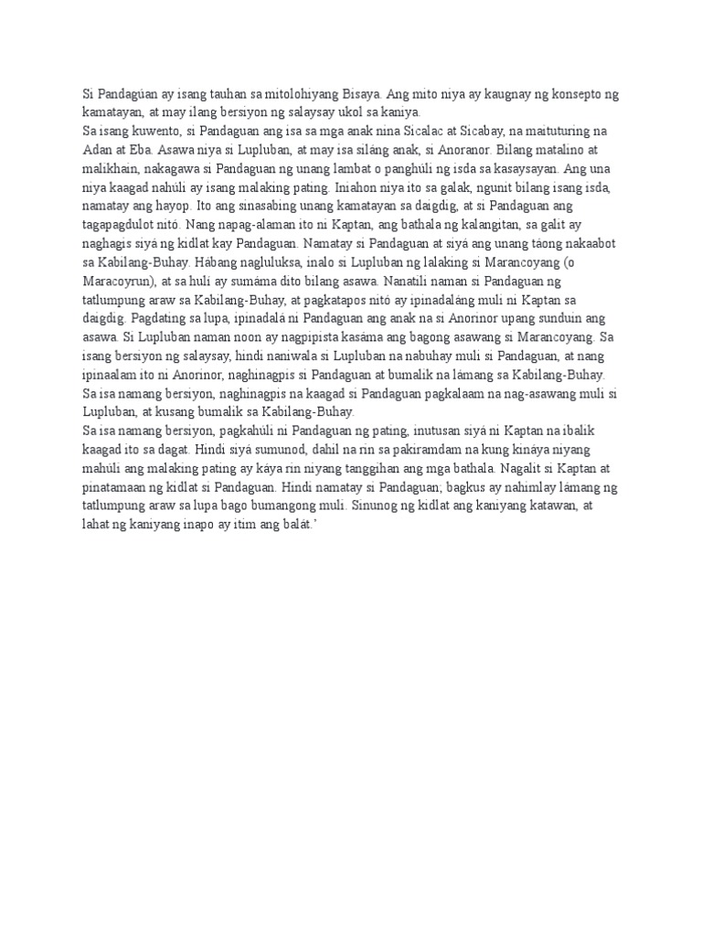 Si Pandagúan Ay Isang Tauhan Sa Mitolohiyang Bisaya | PDF