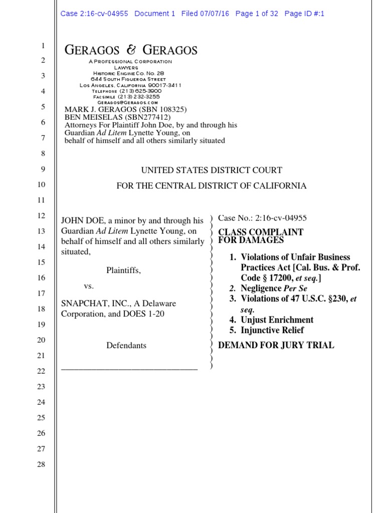 Snapchat Lawsuit | Download Free PDF | Snapchat | Class Action
