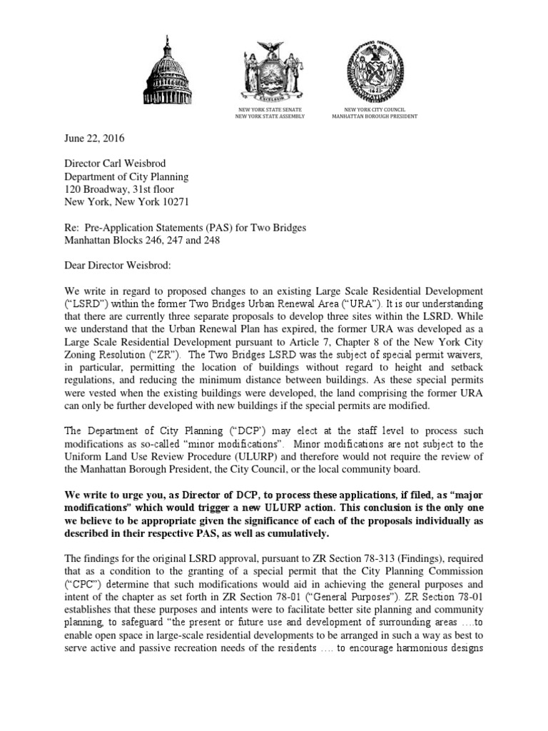 Letter to City Planning Chairman Regarding Two Bridges Neighborhood ...