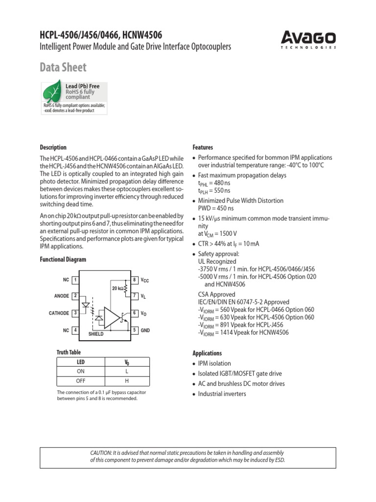 Data Sheet: HCPL-4506/J456/0466, HCNW4506 | PDF | Resistor | Insulator ...