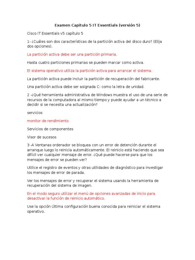 Examen Capitulo 5 IT Essentials | PDF | Windows XP | Microsoft Windows