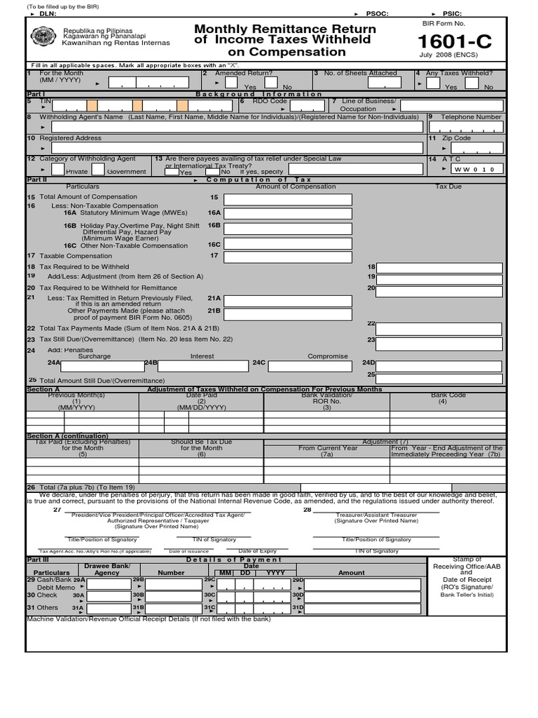 Bir Form 1601-C | PDF | Withholding Tax | Taxes