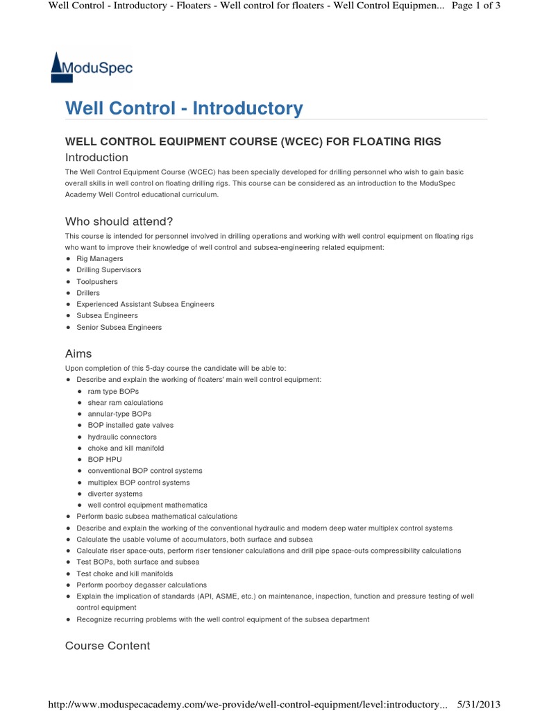 Well Control Equipment Course (Wcec) For Floating Rigs | PDF | Nature
