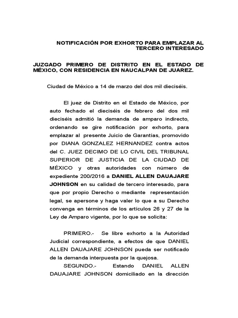 Notificación Por Exhorto En Juicio Civil Pdf
