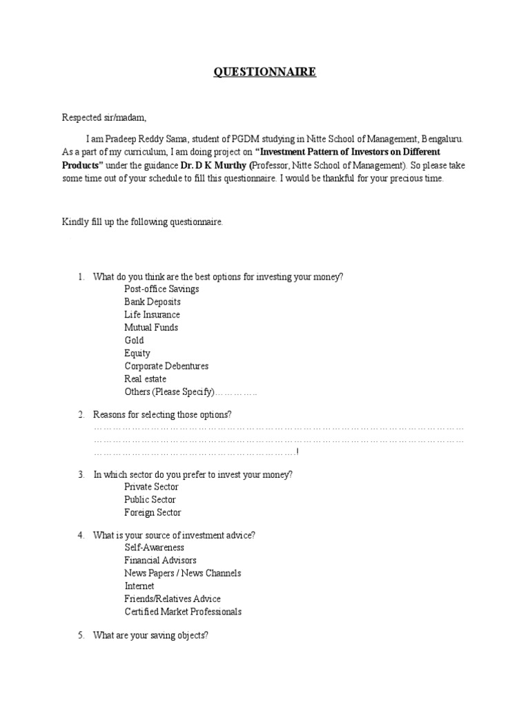 Questionnaire | PDF | Stock Market | Investing