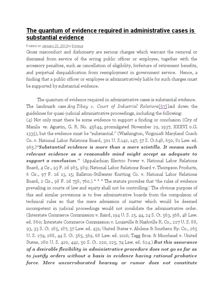 The Quantum of Evidence Required in Administrative Cases Is Substantial ...