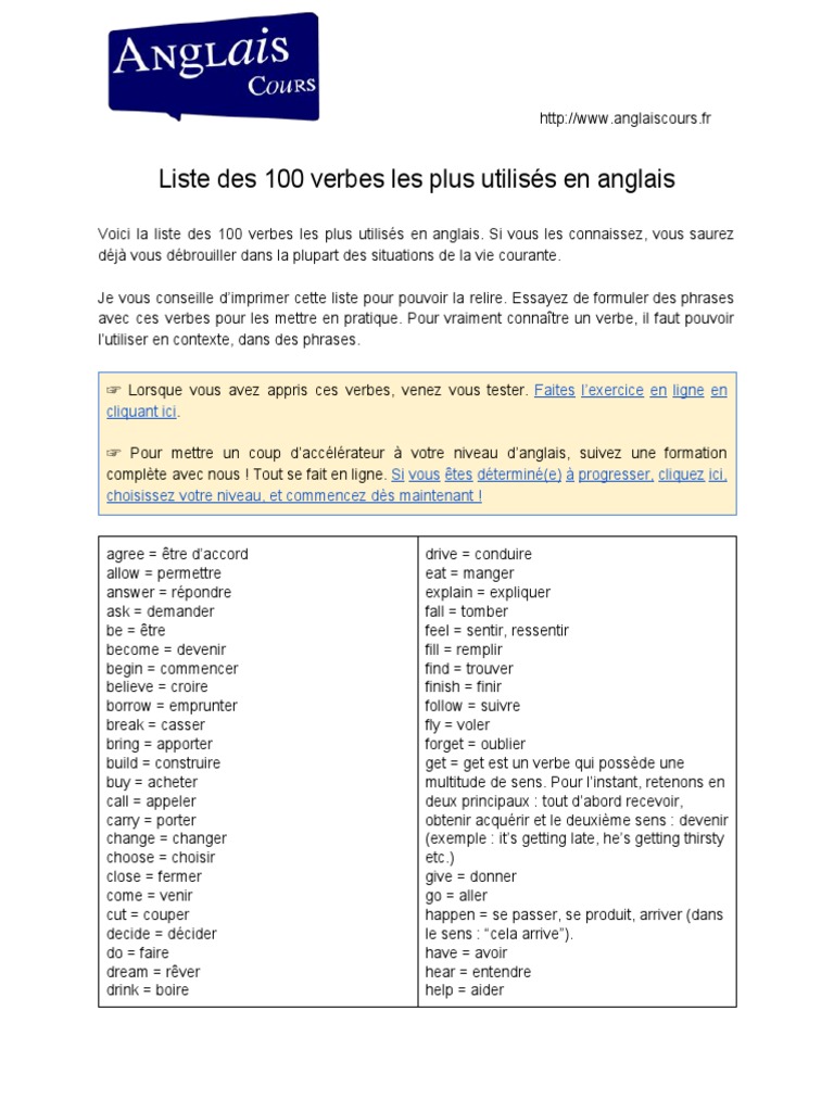 Les 100 Verbes Les Plus Utilises en Anglais | Langues
