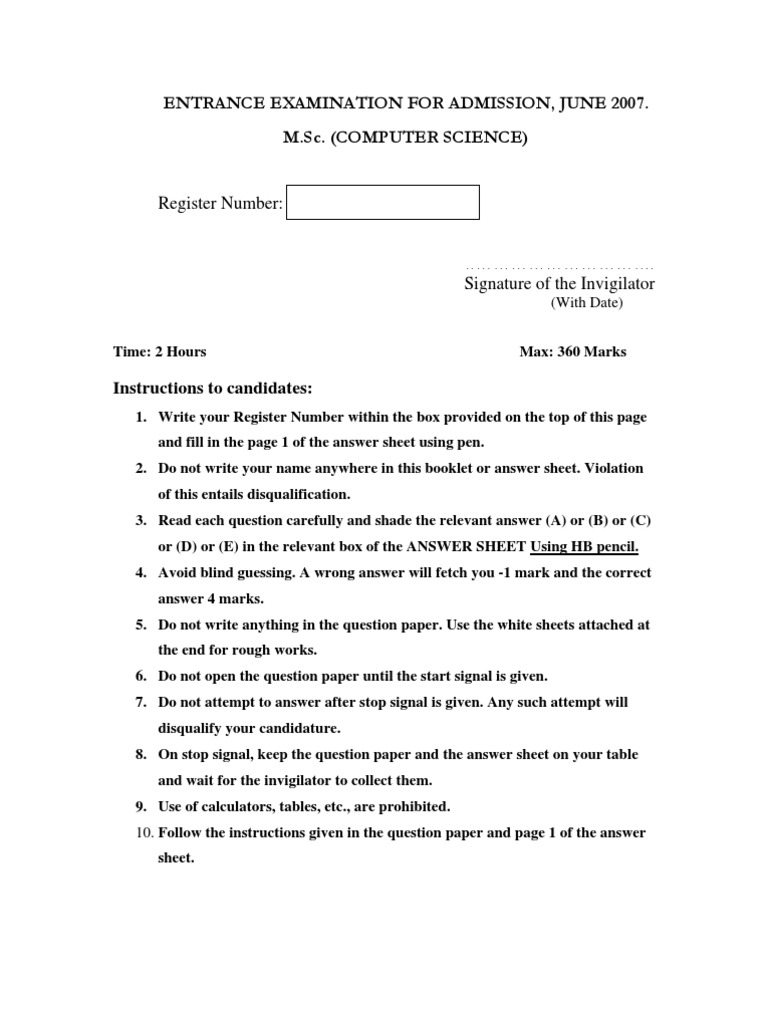 M.Sc Computer Science Entrance Exam 2007 | PDF | Software Testing | C ...