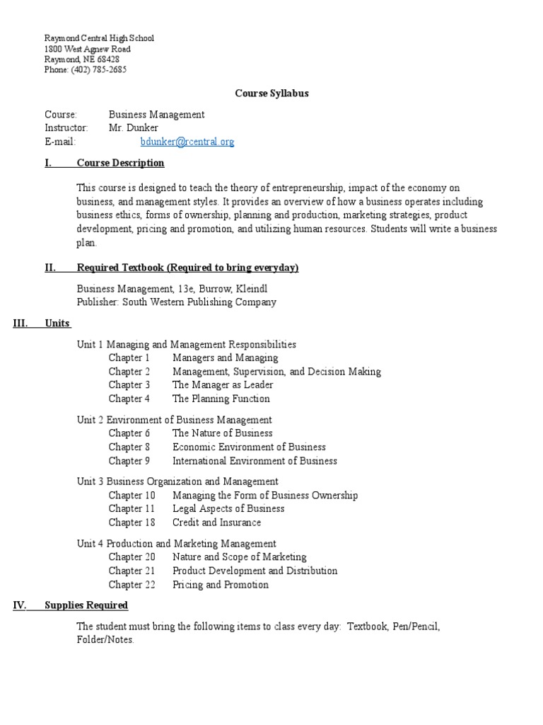 Business Management Course Syllabus | Homework | Pedagogy