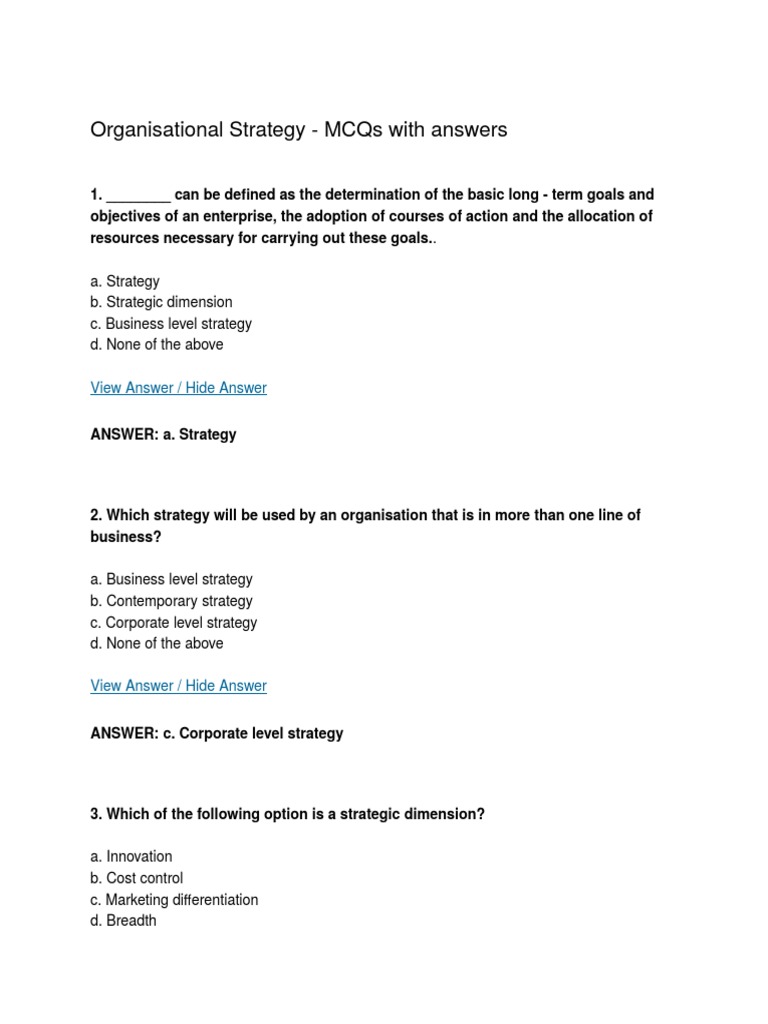 Multiple Choice Questions On Business Strategy | PDF | Strategic ...