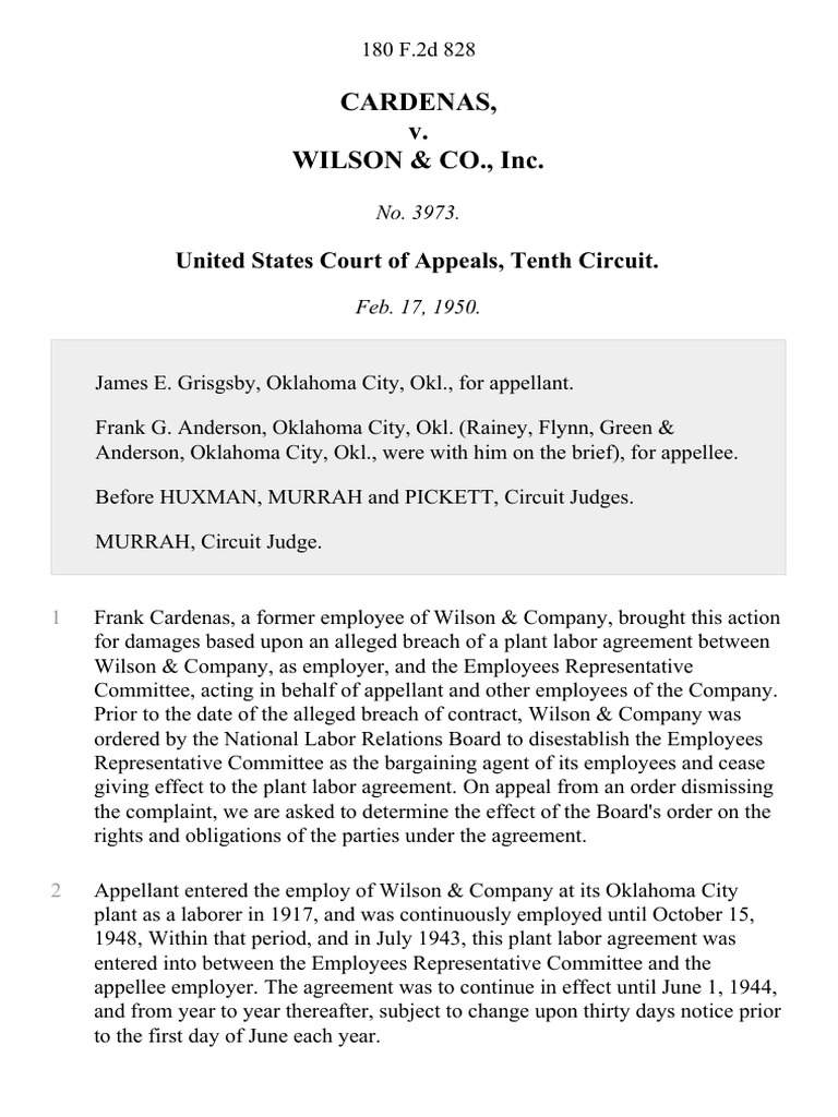 Cardenas v. Wilson & Co., Inc, 180 F.2d 828, 10th Cir. (1950) | PDF ...