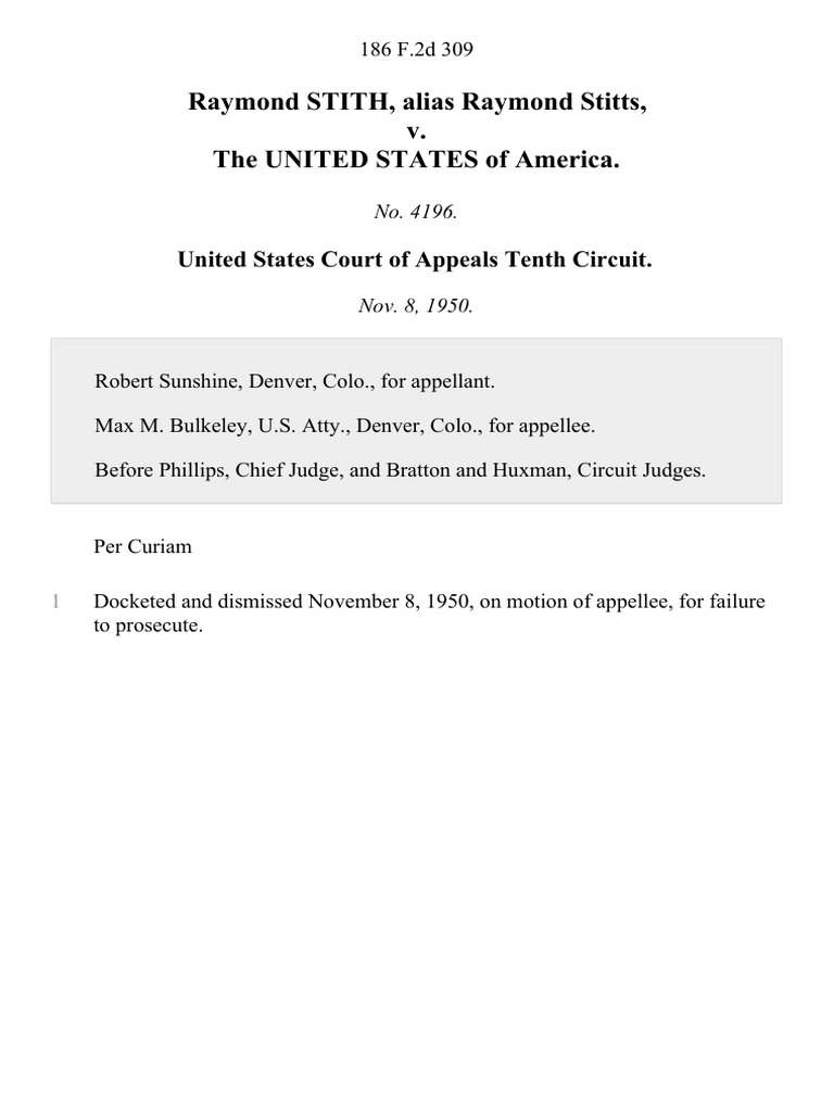 Raymond Stith, Alias Raymond Stitts v. The United States of America ...