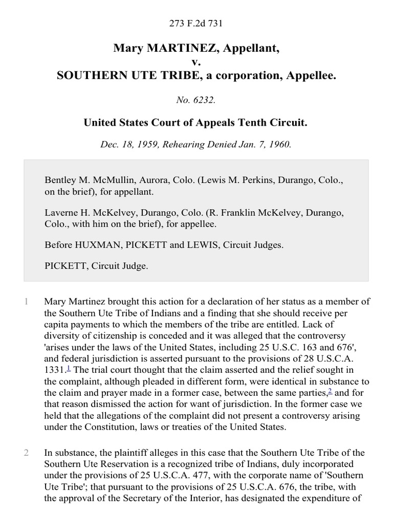 Mary Martinez v. Southern Ute Tribe, A Corporation, 273 F.2d 731, 10th ...