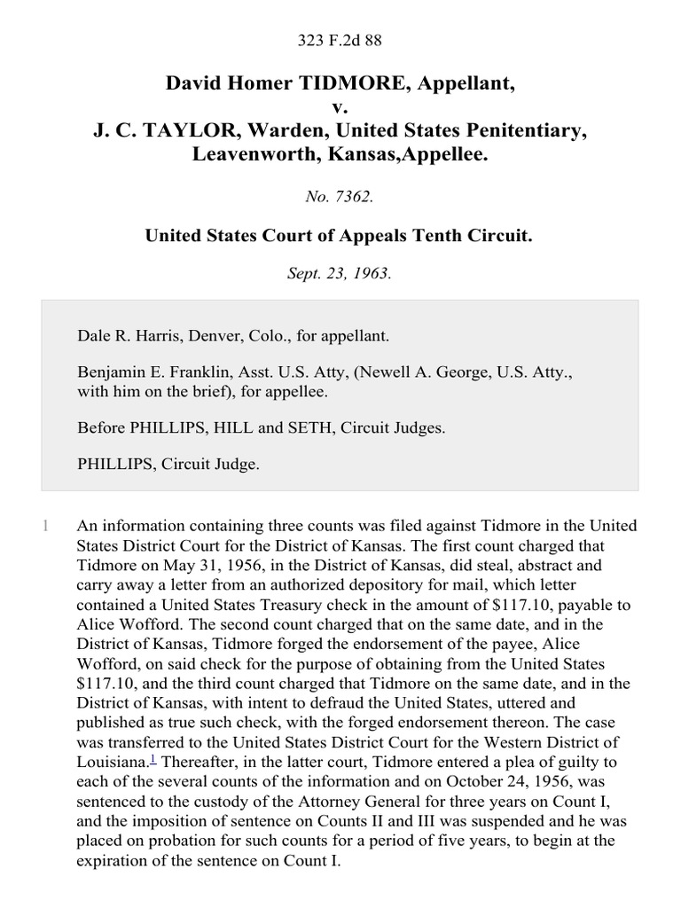 David Homer Tidmore v. J. C. Taylor, Warden, United States Penitentiary ...