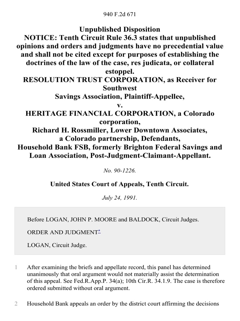 Resolution Trust Corporation, as Receiver for Southwest Savings ...