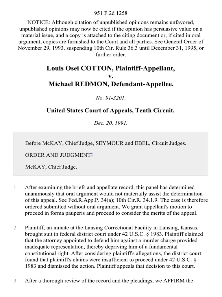 Louis Osei Cotton v. Michael Redmon, 951 F.2d 1258, 10th Cir. (1991) | PDF
