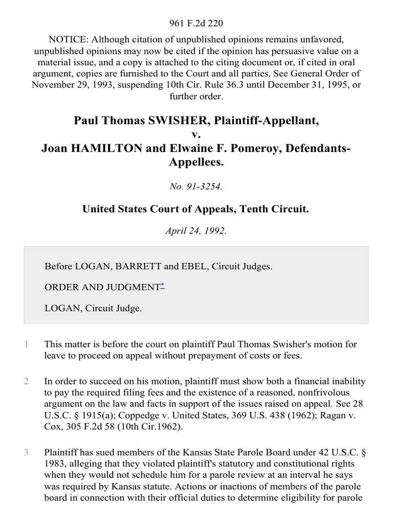Paul Thomas Swisher v. Joan Hamilton and Elwaine F. Pomeroy, 961 F.2d ...