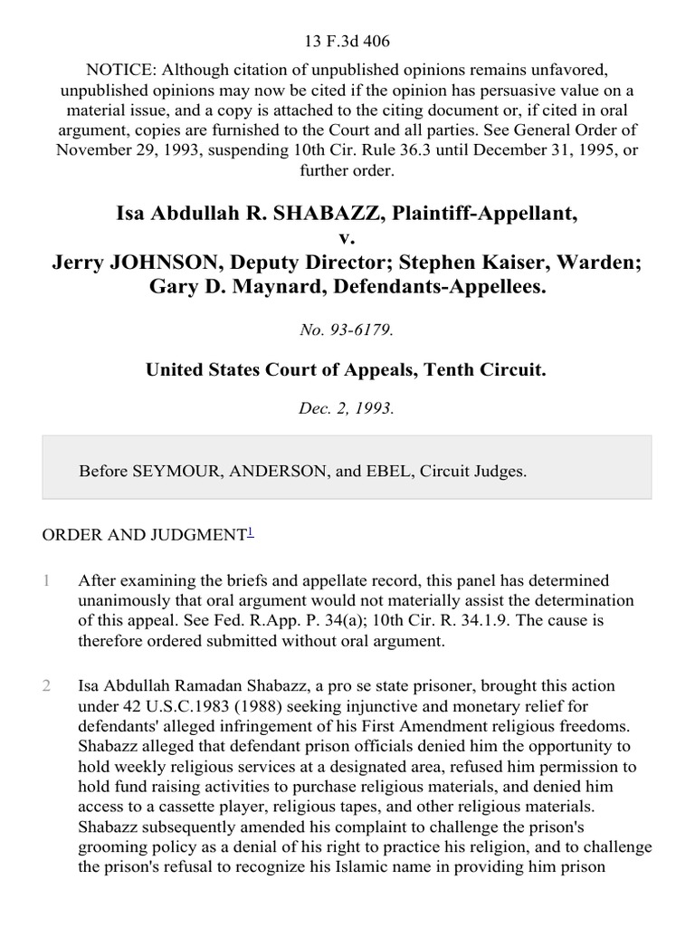Isa Abdullah R. Shabazz v. Jerry Johnson, Deputy Director Stephen ...