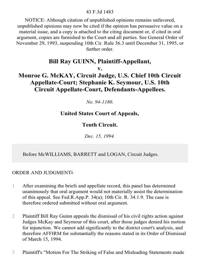 Bill Ray Guinn v. Monroe G. McKay Circuit Judge, U.S. Chief 10th ...