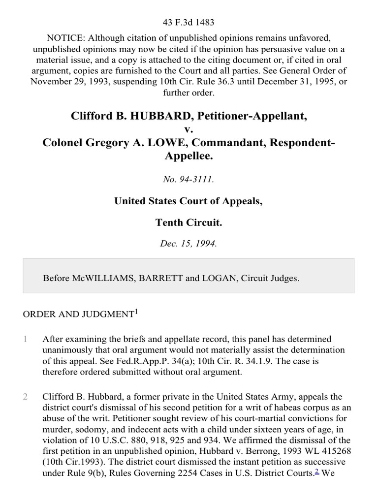 Clifford B. Hubbard v. Colonel Gregory A. Lowe, Commandant, 43 F.3d ...