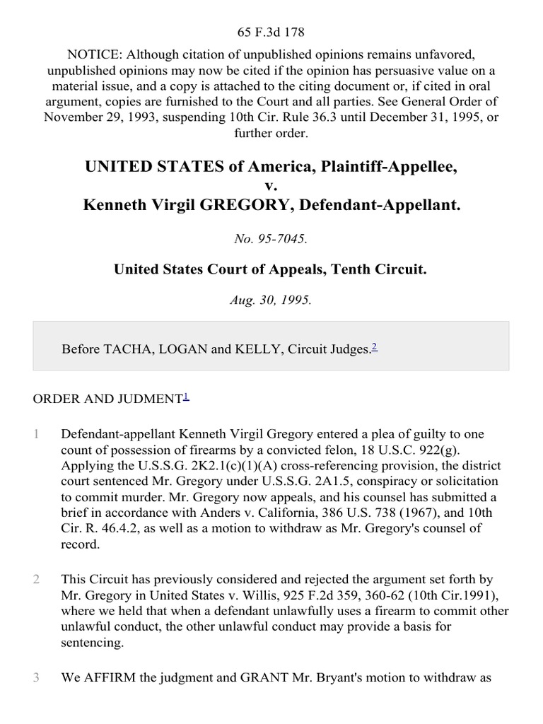 United States v. Kenneth Virgil Gregory, 65 F.3d 178, 10th Cir. (1995 ...