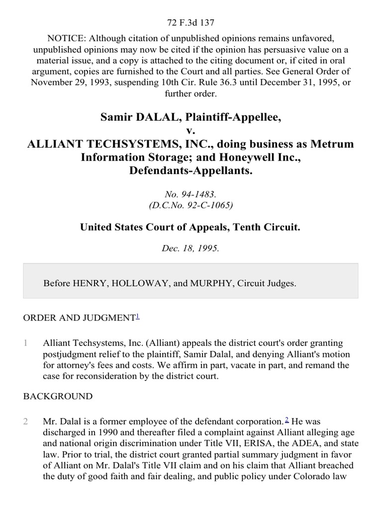 Samir Dalal v. Alliant Techsystems, Inc., Doing Business As Metrum ...