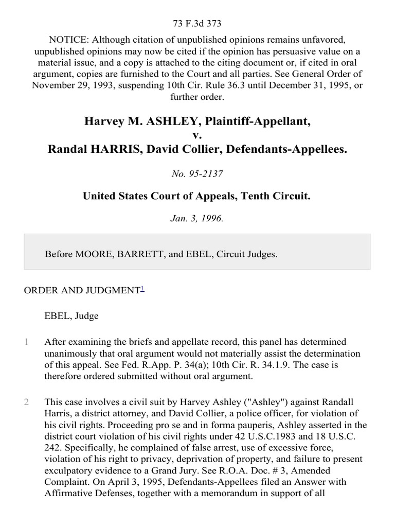 Harvey M. Ashley v. Randal Harris, David Collier, 73 F.3d 373, 10th Cir ...