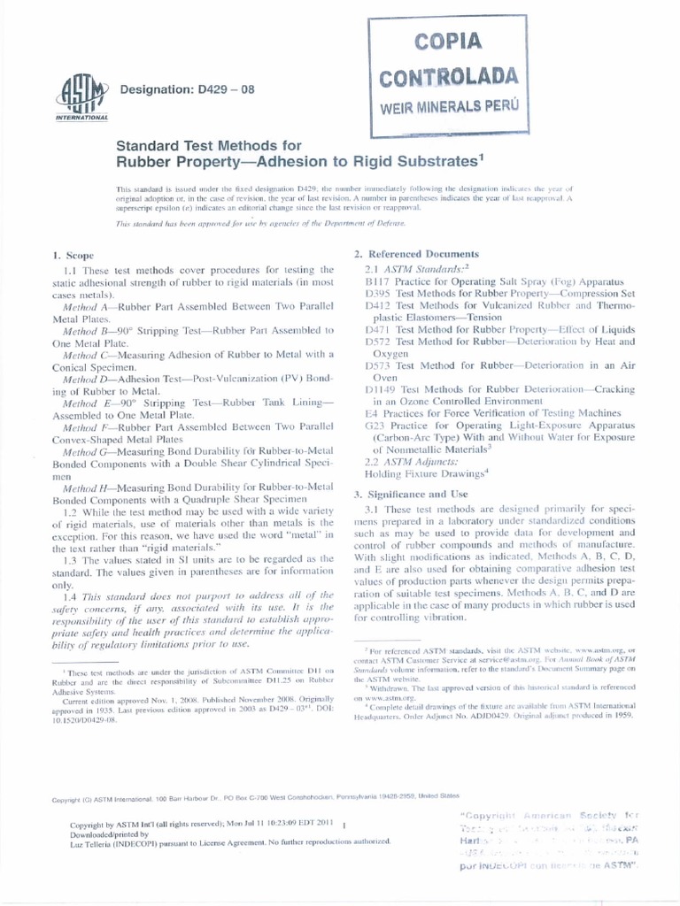 ASTM D429 Standard Test Methods For Rubber Property-Adhesion To Rigid ...