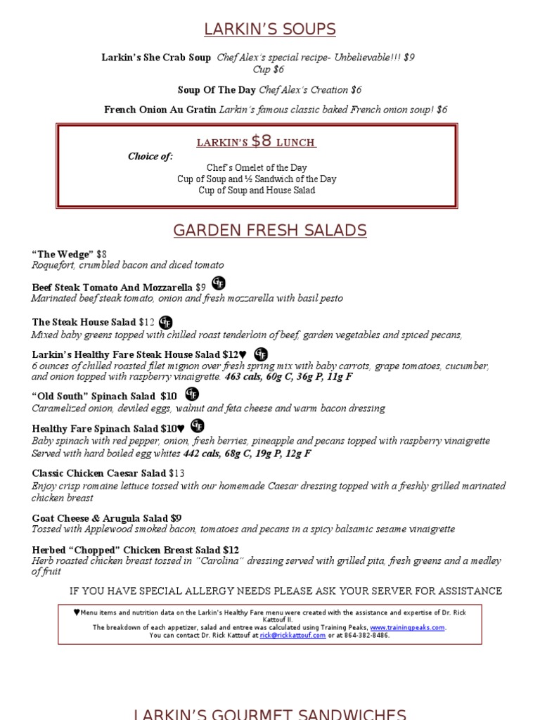 Larkin's On The River Lunch Menu | PDF | Salad | Food And Drink Preparation
