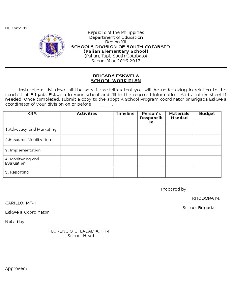 Be Form 2 - School Work Plan | PDF
