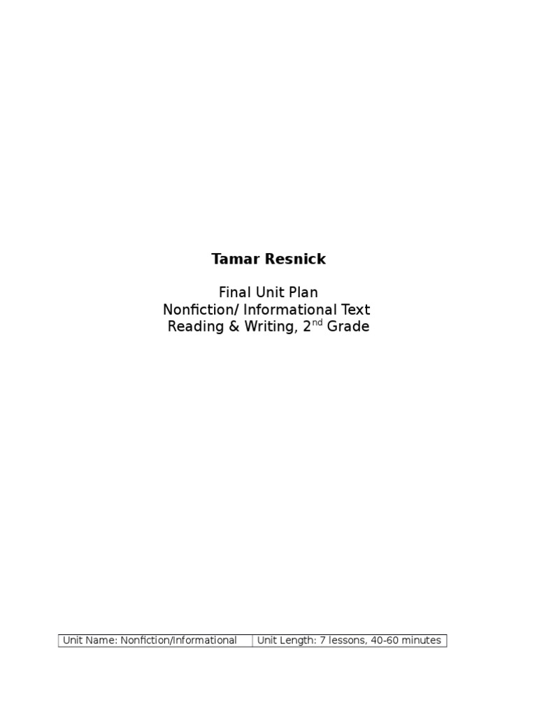 Final Unit Plan Nonfiction/ Informational Text Reading & Writing, 2 Grade | PDF | Reading ...