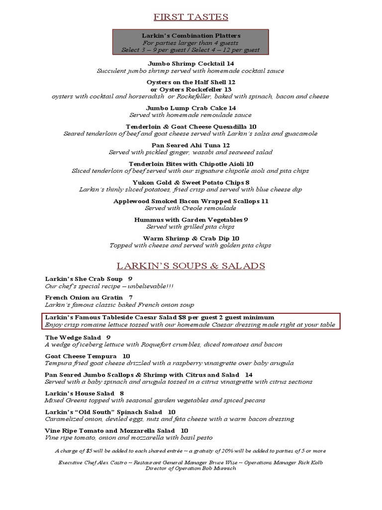 Larkin's Party Menu: Appetizers to Entrees | PDF | Salad | Potato Chip