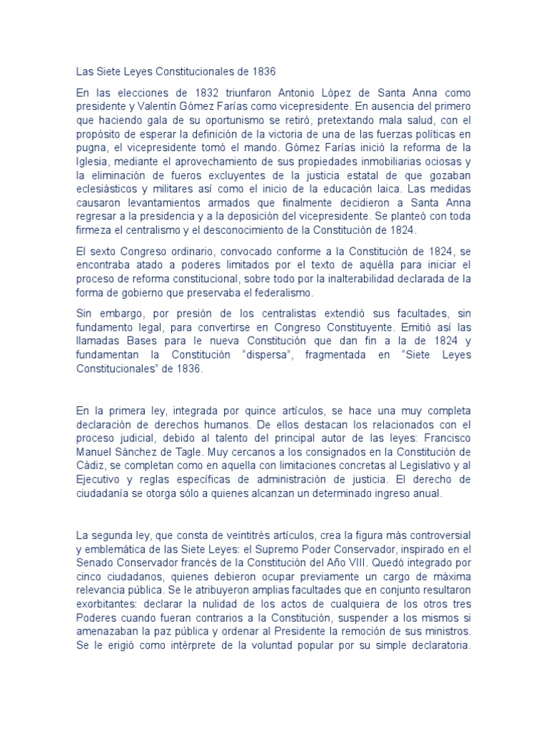 Las Siete Leyes Constitucionales De 1836 Pdf Ley Constitucional