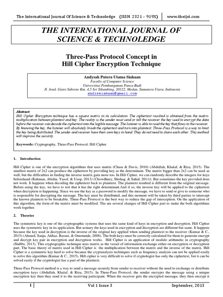 Three-Pass Protocol Concept in Hill Cipher Encryption Technique Ver 2 ... Three-Pass Protocol Concept in Hill Cipher Encryption Technique Ver 2 ...