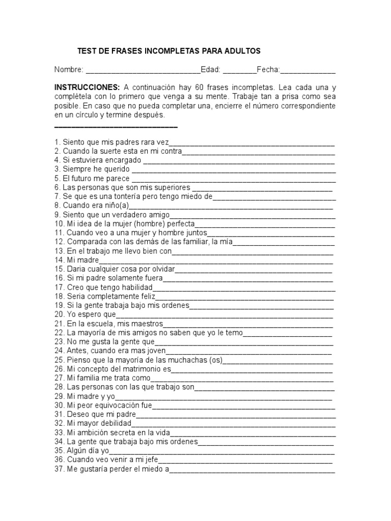 Test de Frases Incompletas de Sacks - Adultos | PDF | Sicología