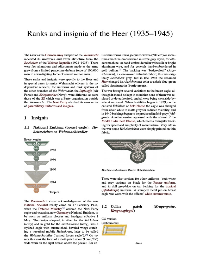 Ranks and Insignia of The Heer (1935-1945) | PDF | Military Science | Military Organization