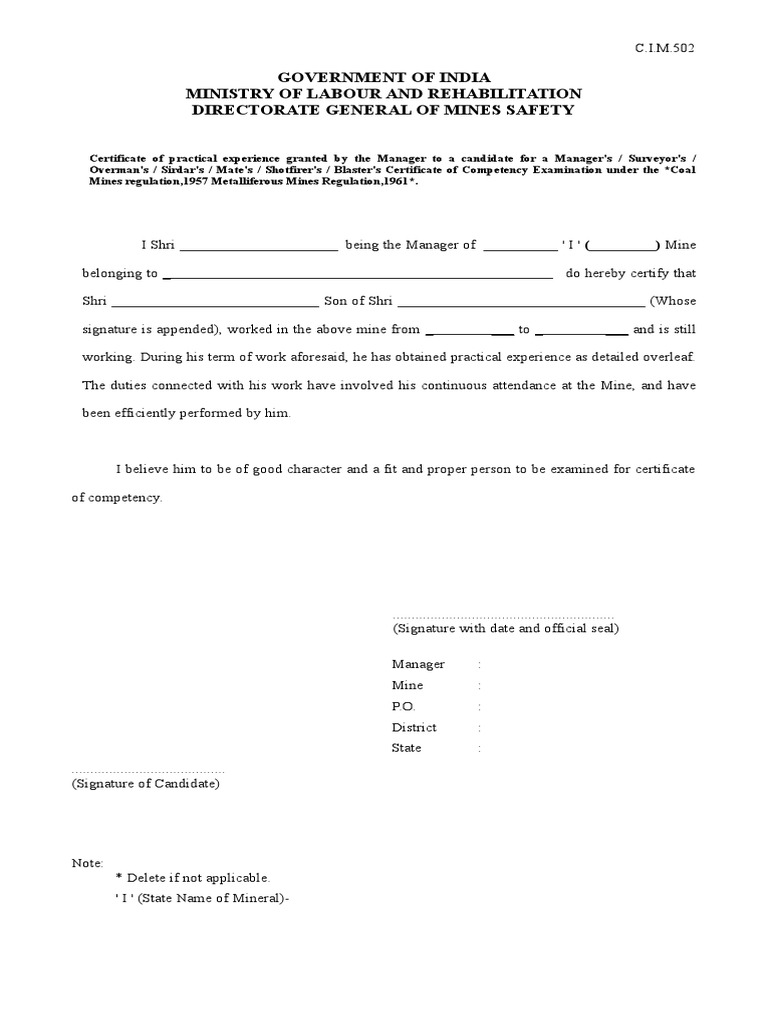 DGMS Mines Experience Certificate | PDF | Mining | Resource Extraction