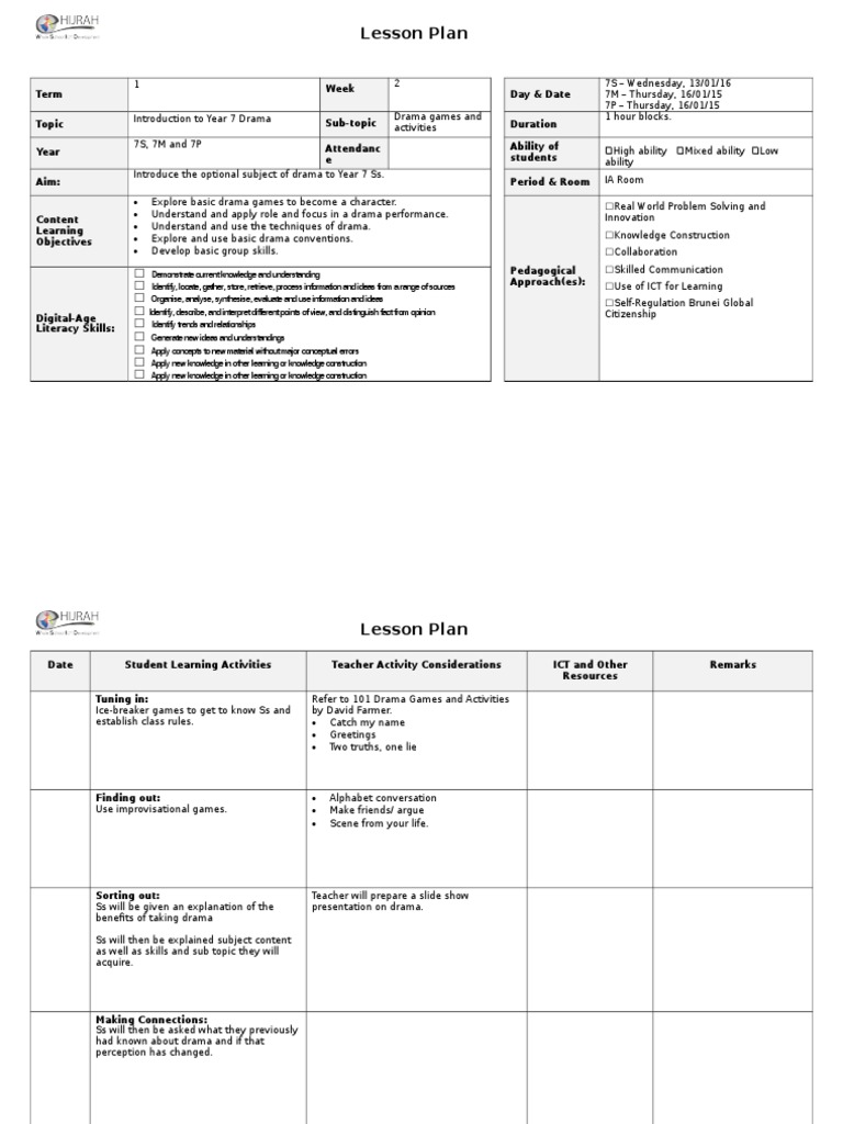 Year 7 Drama LP 2016 | Lesson Plan | Educational Technology | Free 30 ...