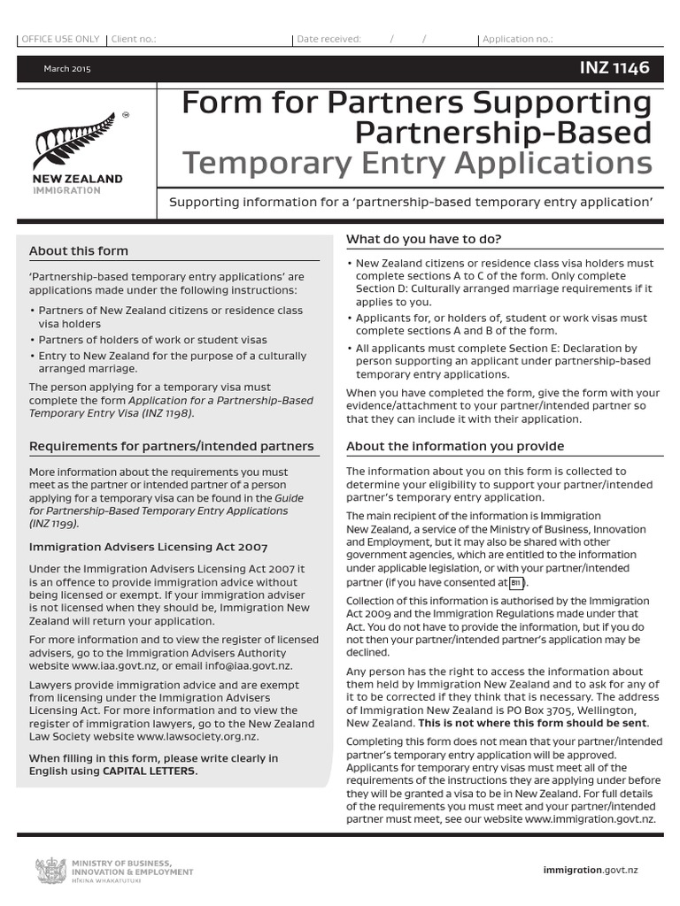 INZ 1146 - Form For Partners Supporting Partnership-Based Temporary ...