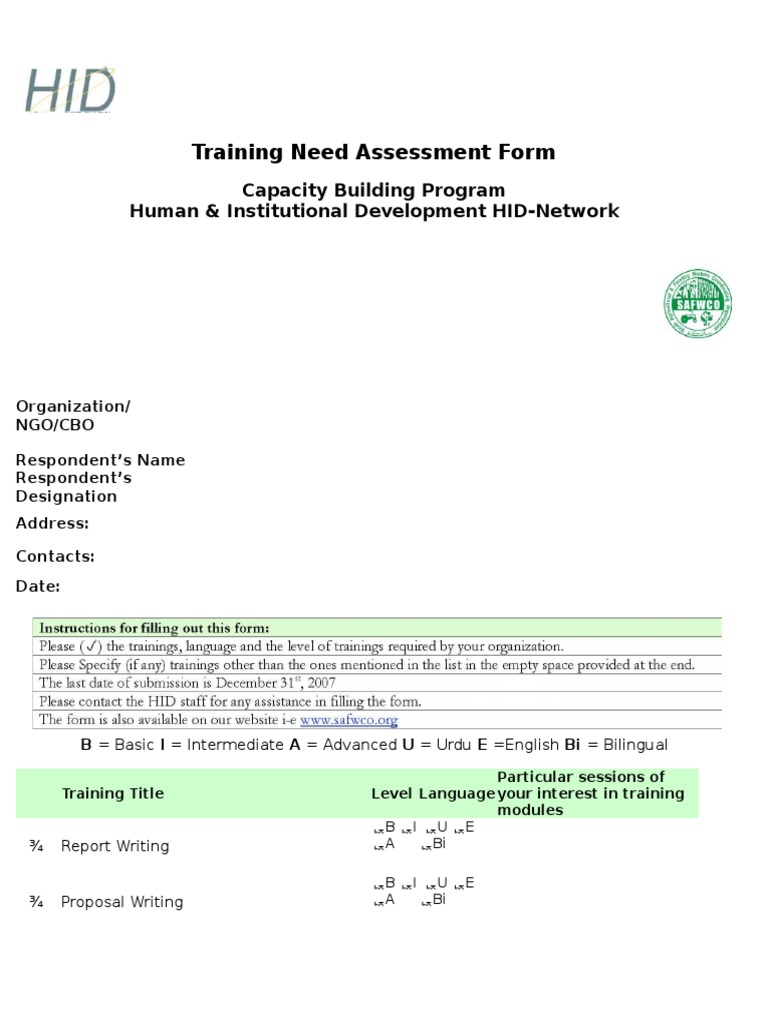 Training Need Assessment Form: Capacity Building Program Human ...