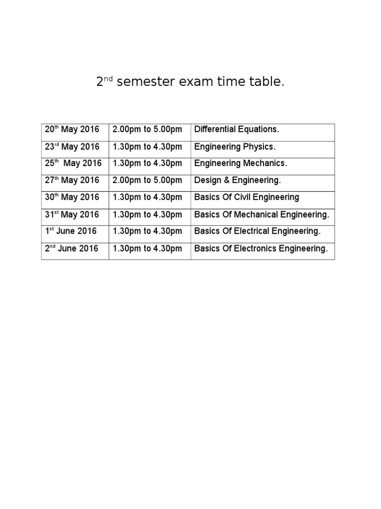 2nd Semester Exam Schedule 2016 | PDF
